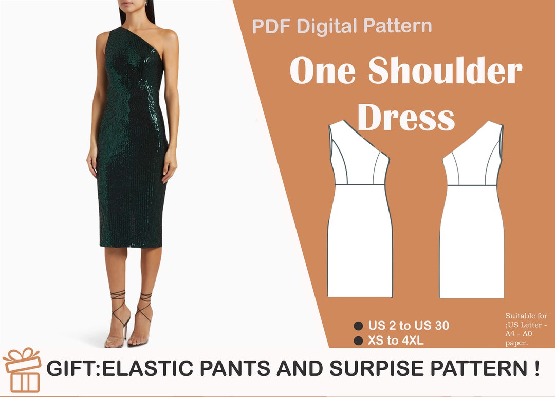 One Shoulder Dress Sewing Pattern: Below Knee Evening Gown (PDF Pattern ...