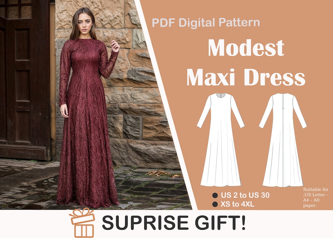 Modest Maxi Dress Sewing Pattern: Elegant Long Sleeve Gown (US 2-30 ...