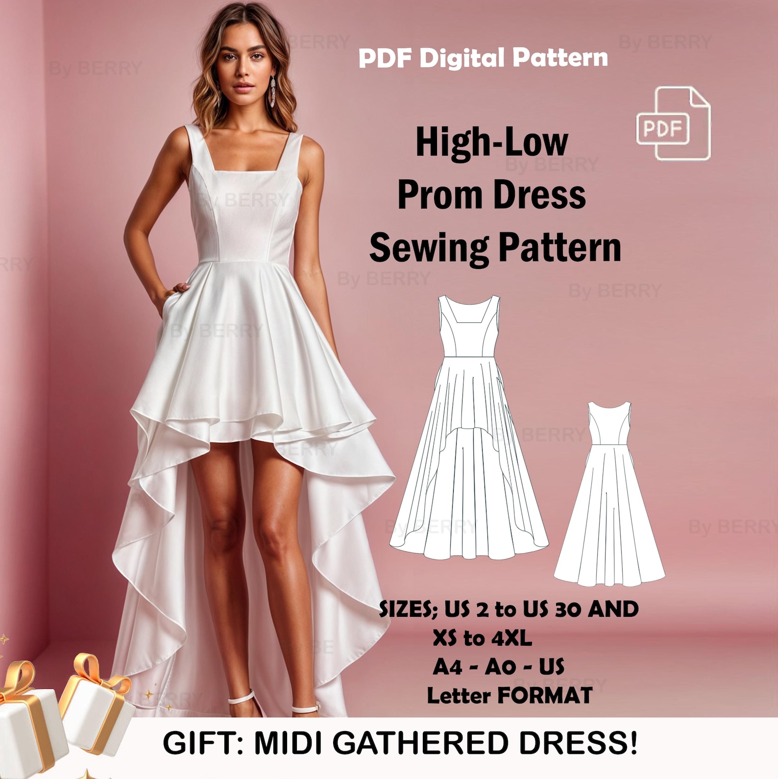 High-low Prom Dress Sewing Pattern: Square Neck Ball Gown (PDF Pattern ...
