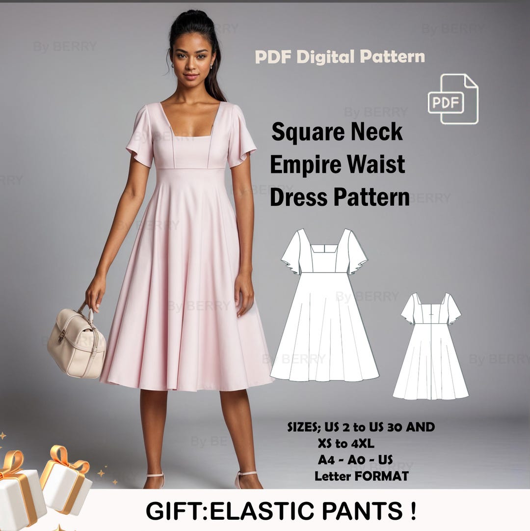 Square Neck Milkmaid Dress Sewing Pattern: US Size 2-30 (PDF Pattern ...