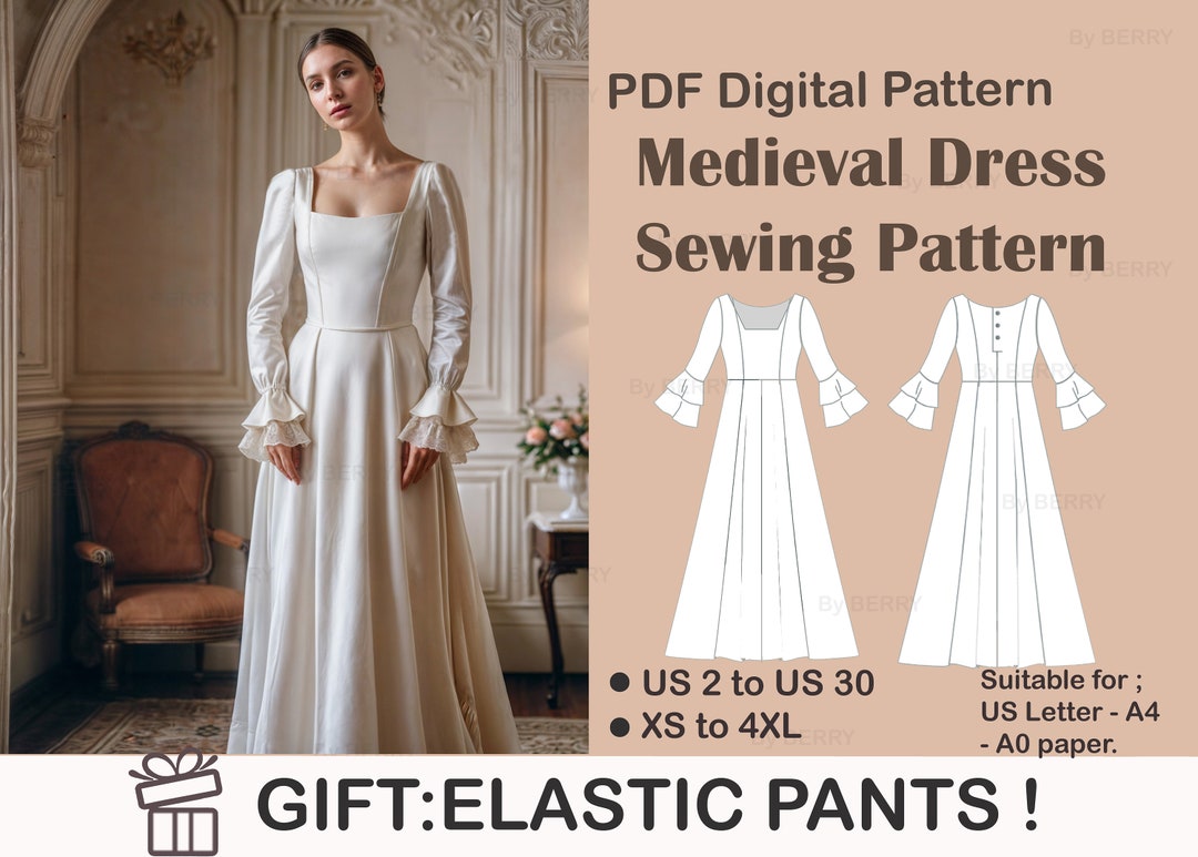 Medieval Dress Sewing Pattern,renaissance Square Neck Sewing Pattern ...