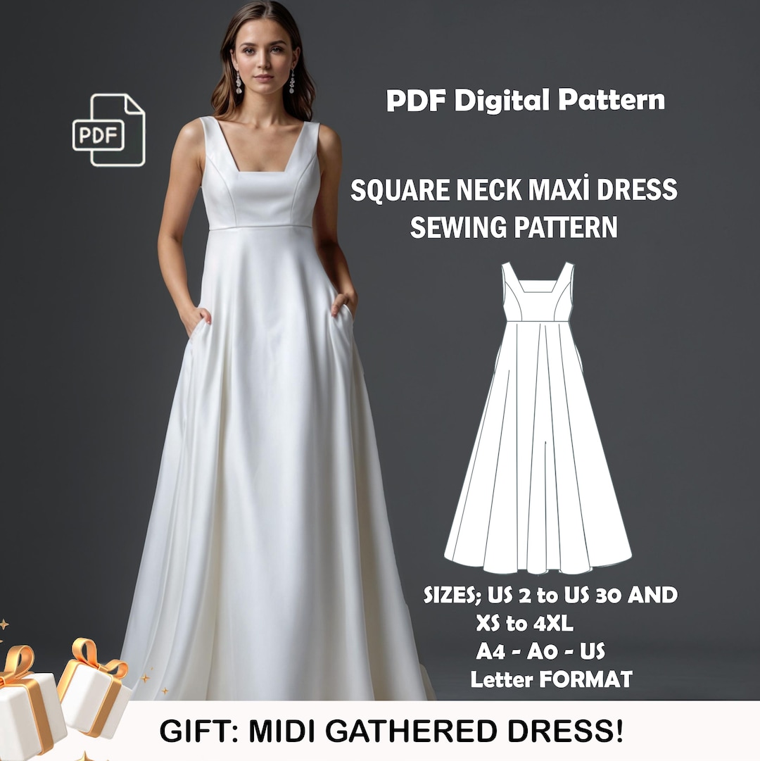 Medieval Maxi Dress Sewing Pattern: Square Neck Renaissance Gown (PDF ...