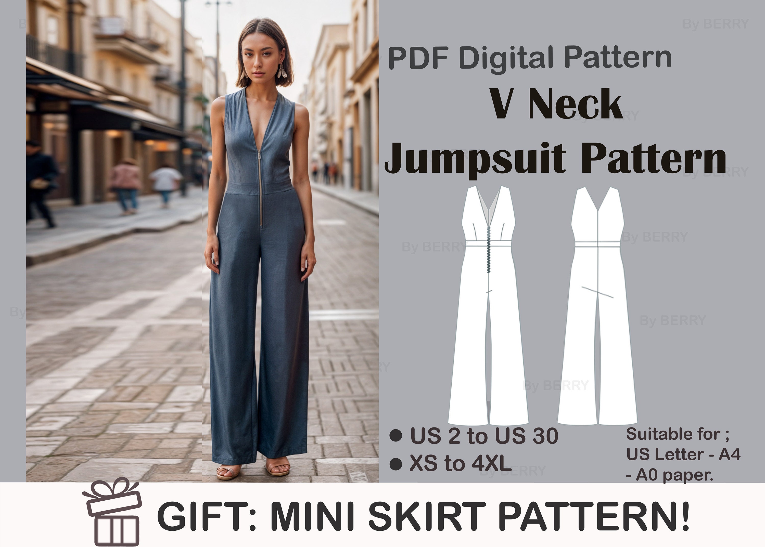 Palazzo V Neck Jumpsuit Pattern, Formal Jumpsuit Pattern, Evening Gown ...