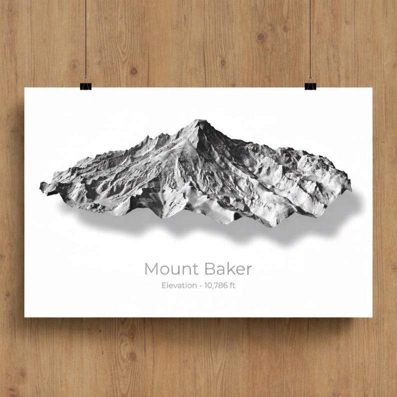 Mount Baker Wall Art Poster | 3D Style Shaded Relief | Minimalist ...