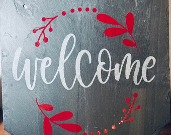 Slate Welcome Sign Arched Slate Pots of Flowers - Etsy