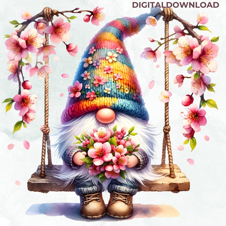 Watercolor Pink Cherry Blossom Gnomes Png, Cute Floral Gnome ...