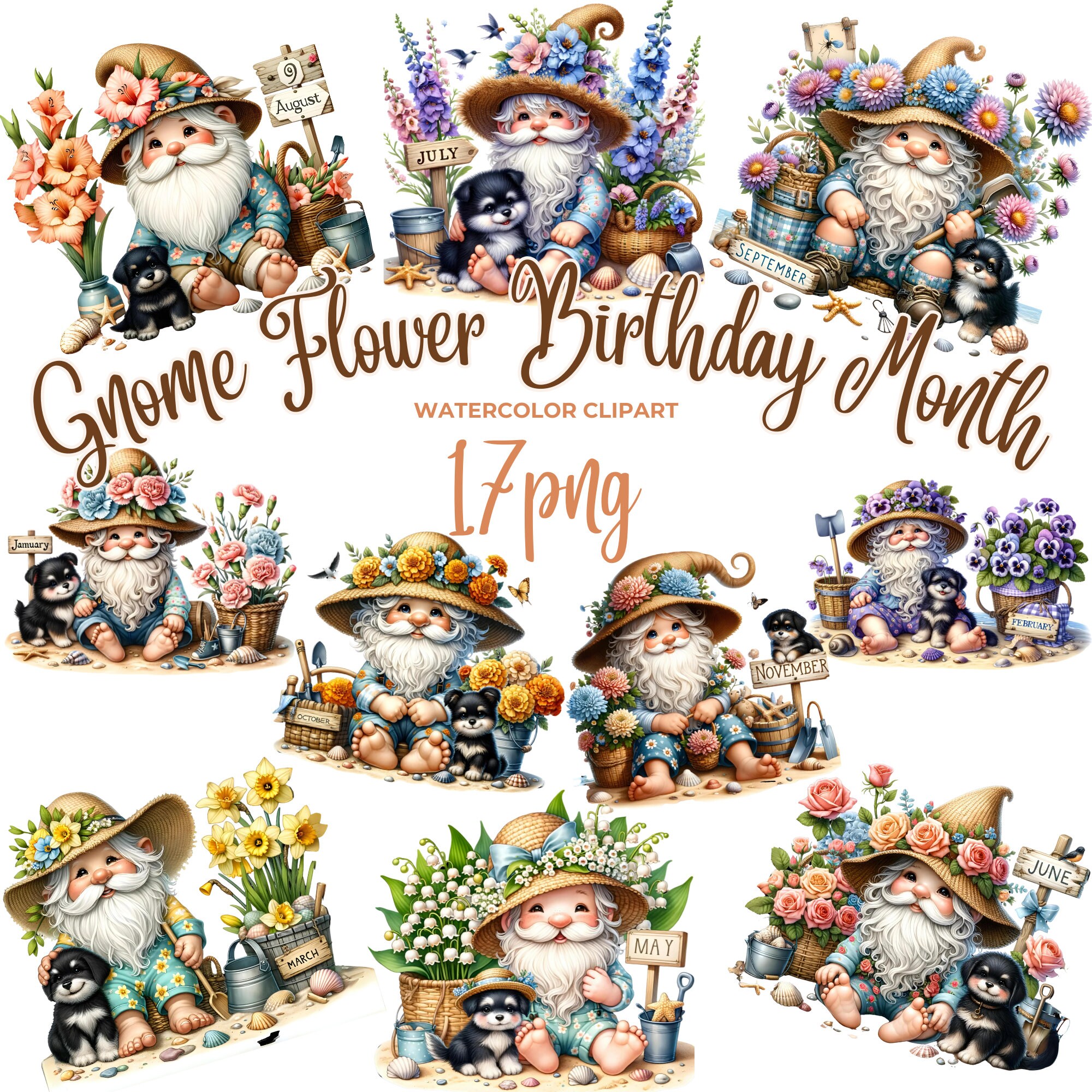 Watercolor Birthday Gnome Clipart Set, Summer Flowers and Dog (PNG ...