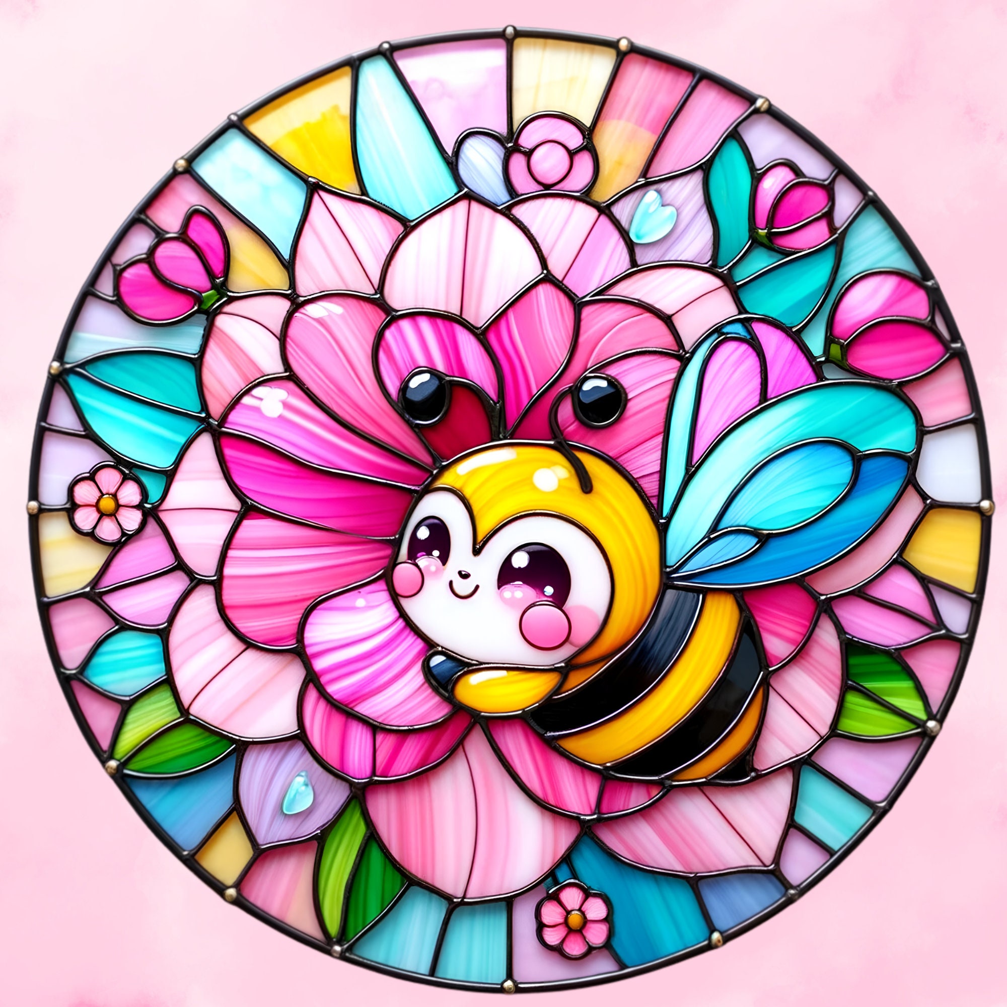 Cute Honey Bee Stained Glass PNG, Round Stained Glass Background, Bee ...