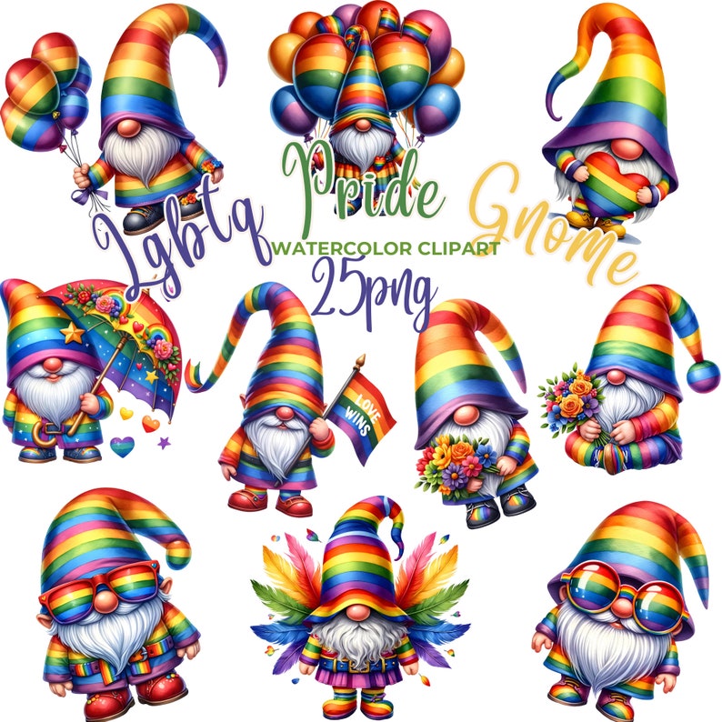 Watercolor LGBTQ Pride Gnome Clipart, Rainbow Design (25 PNG) - Etsy