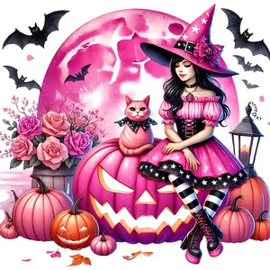 Pink Halloween Witch Watercolor Clipart - 20 Enchanting Designs, High ...