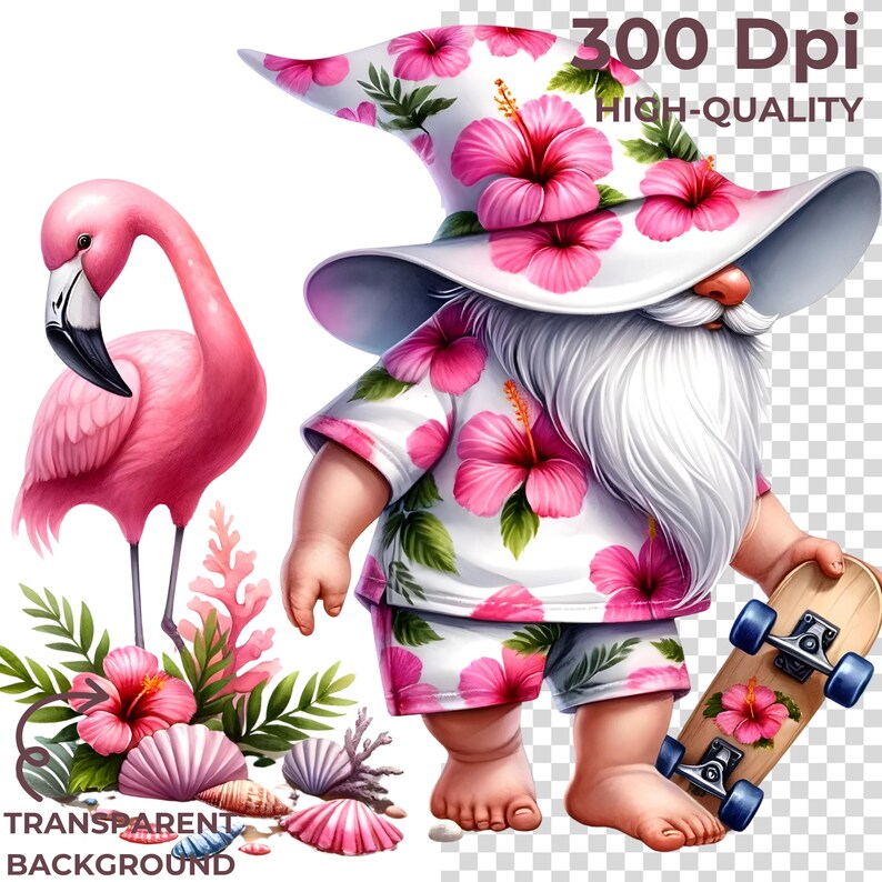 Flamingo Gnome Watercolor Clipart, 27 PNG Tropical Images (digital ...