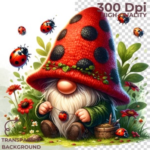 Enchanted Ladybug Gnome Clipart Set - 30 Watercolor Pngs, Cute Gnome ...