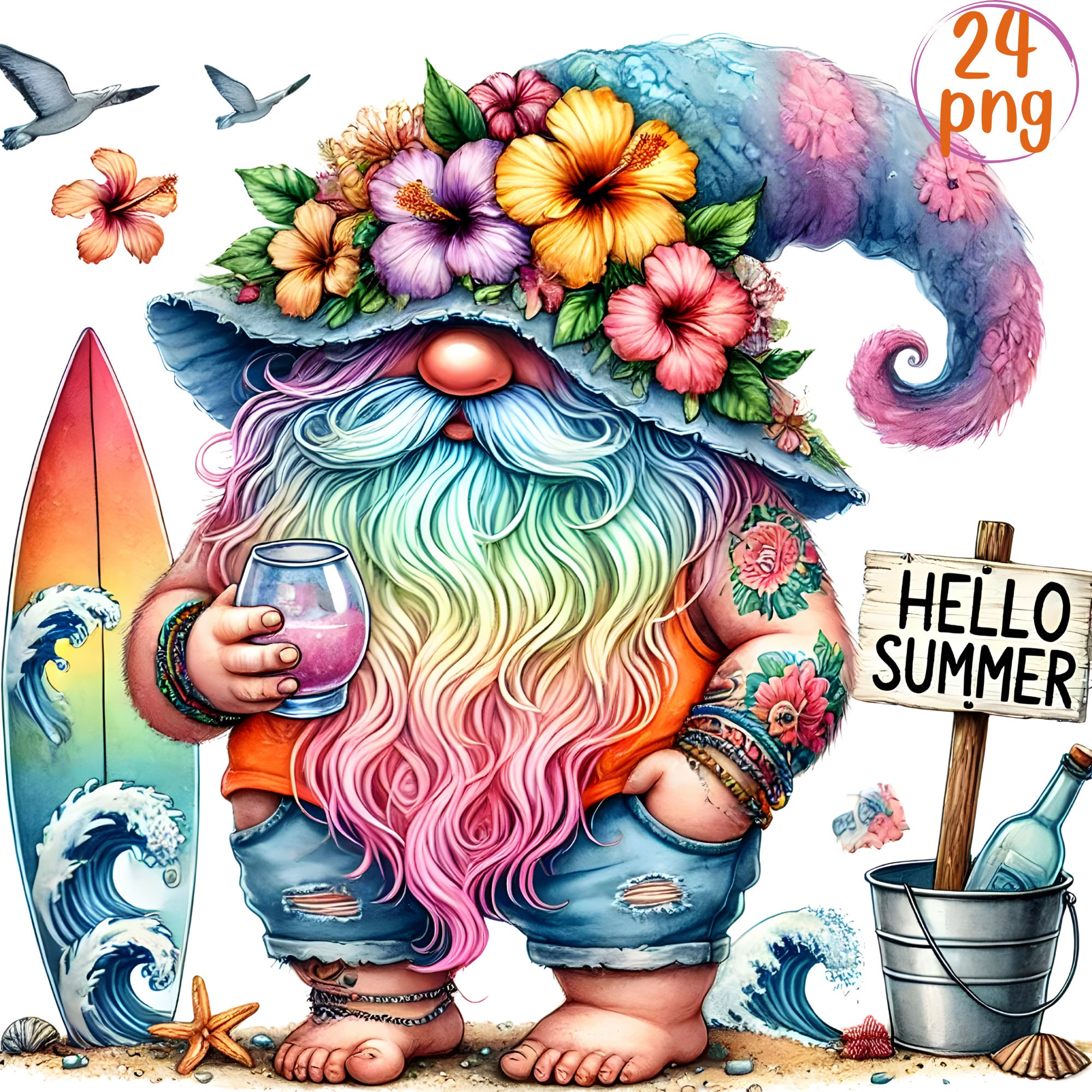 Summer Gnome Watercolor Clipart Bundle 24 Pngs Watercolor Summer Beach ...