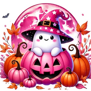 Pink Halloween Clipart – Spooky Watercolor Ghost & Pumpkins (digital ...