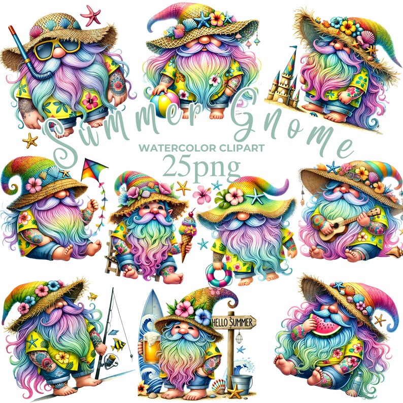 Summer Gnome Watercolor Clipart Bundle – Beach Gnomes (25 Pngs) - Etsy