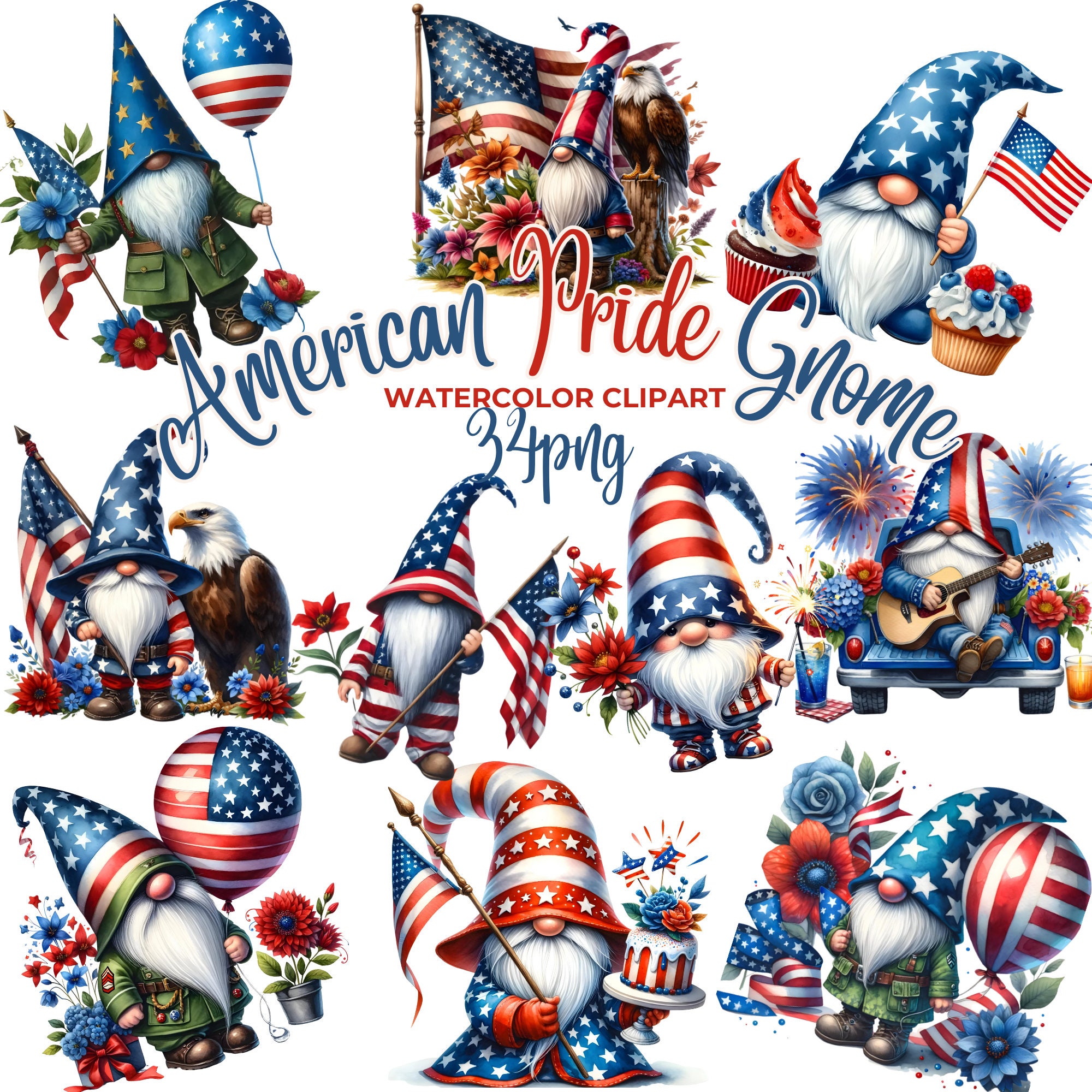 Patriotic Gnome Clipart Bundle. 34 PNG, American Pride, 4th of July PNG ...