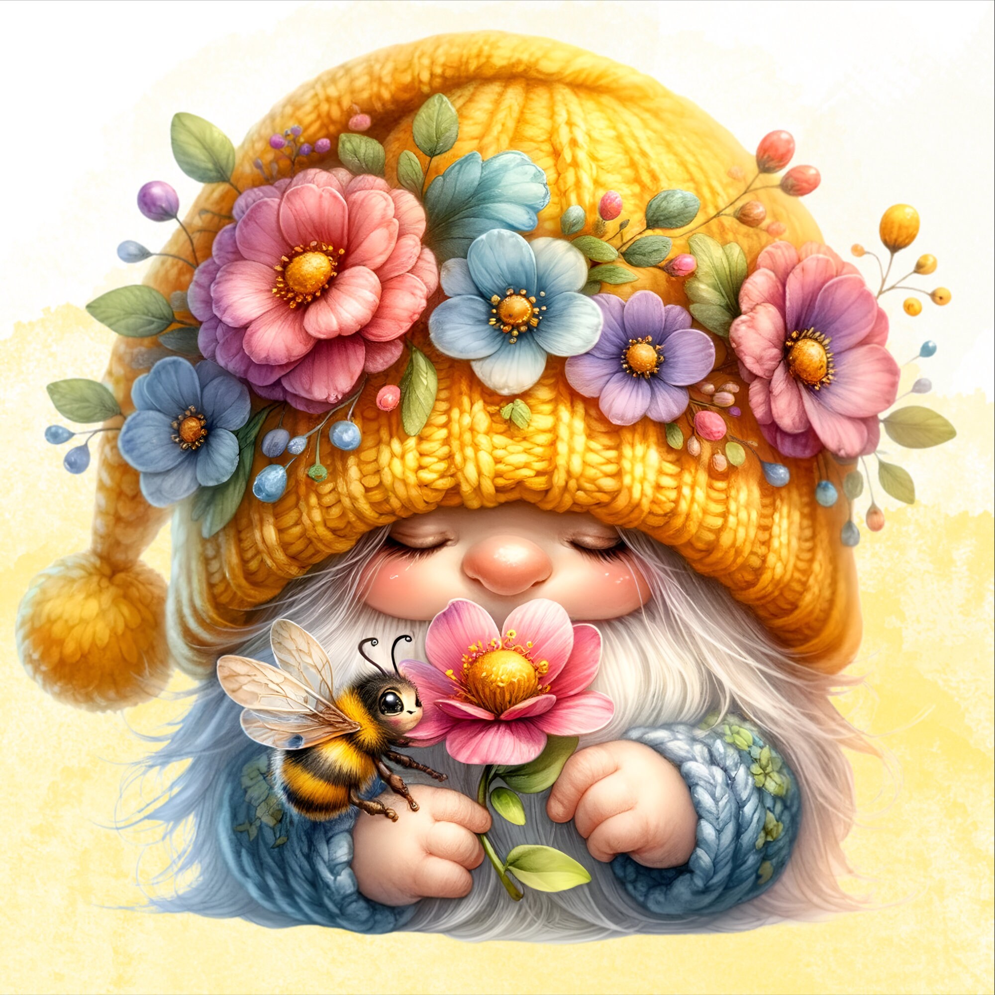 Gnome With Flowers, Clipart for Gardeners, Watercolor Flower Bee Gnome ...