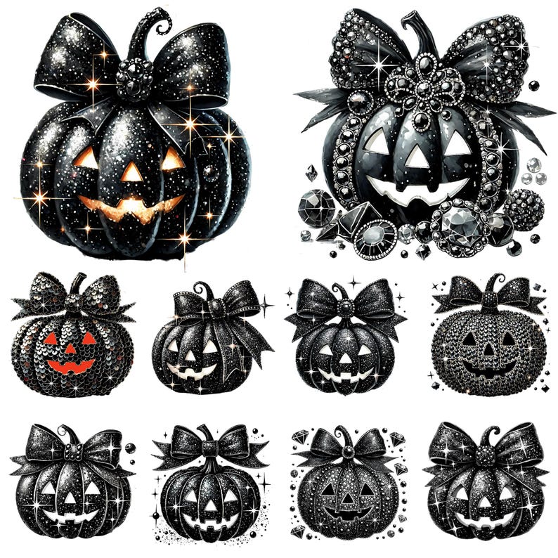 Black Glam Halloween Pumpkin Clipart | Sparkling Gothic Pumpkins With ...