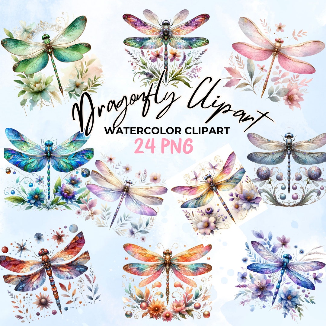 Enchanting Watercolor Dragonfly Clipart Collection, Digital Download, Flower Dragonfly ...