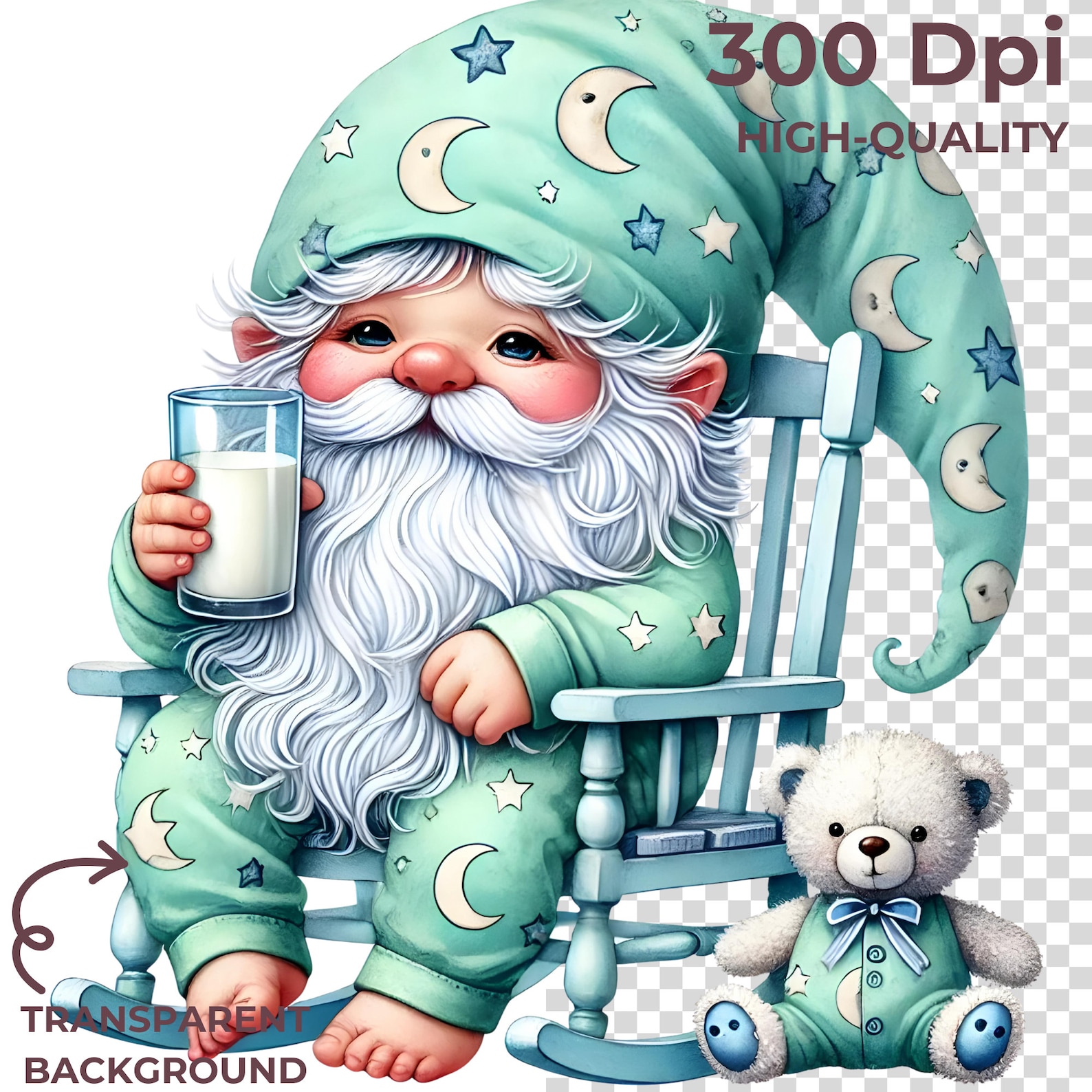 Watercolor Green Pajamas Gnome Clipart Bundle 25 PNG, Ideal for Nursery ...