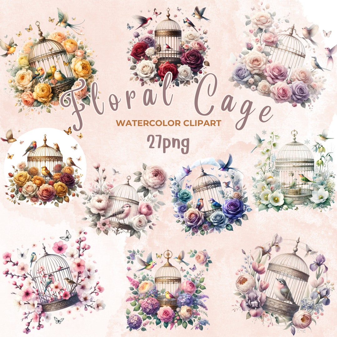 Enchanted Floral Cage Watercolor Clipart - Botanical Elegance, Digital ...