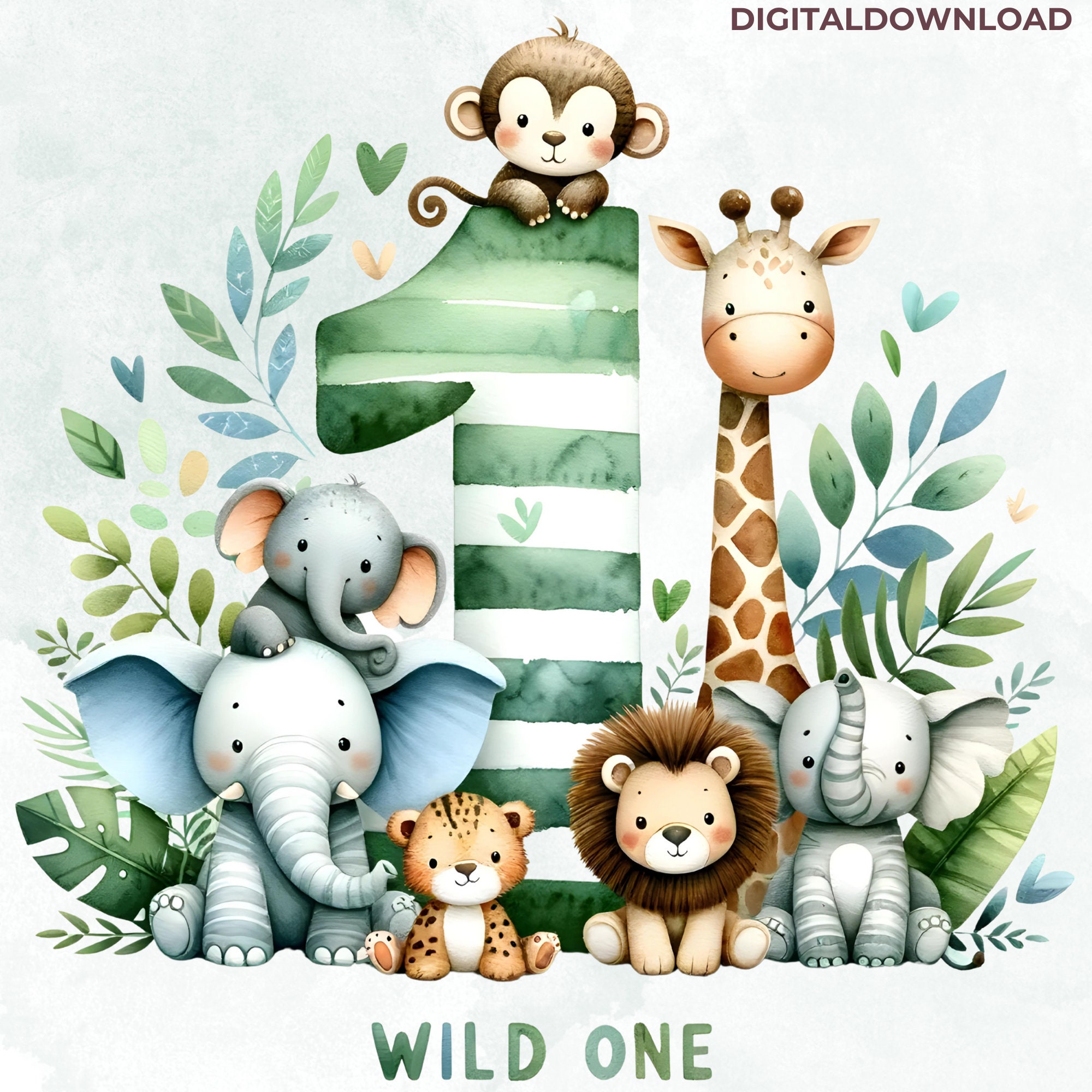 Safari Birthday Party Clipart Set Watercolor Jungle Animals, Safari ...