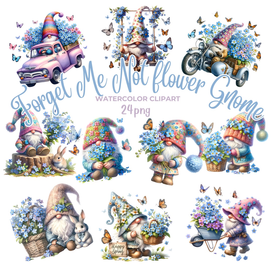 Watercolor Forget Me Not Flower Wreath Gnome Clipart Bundles, Gnome ...