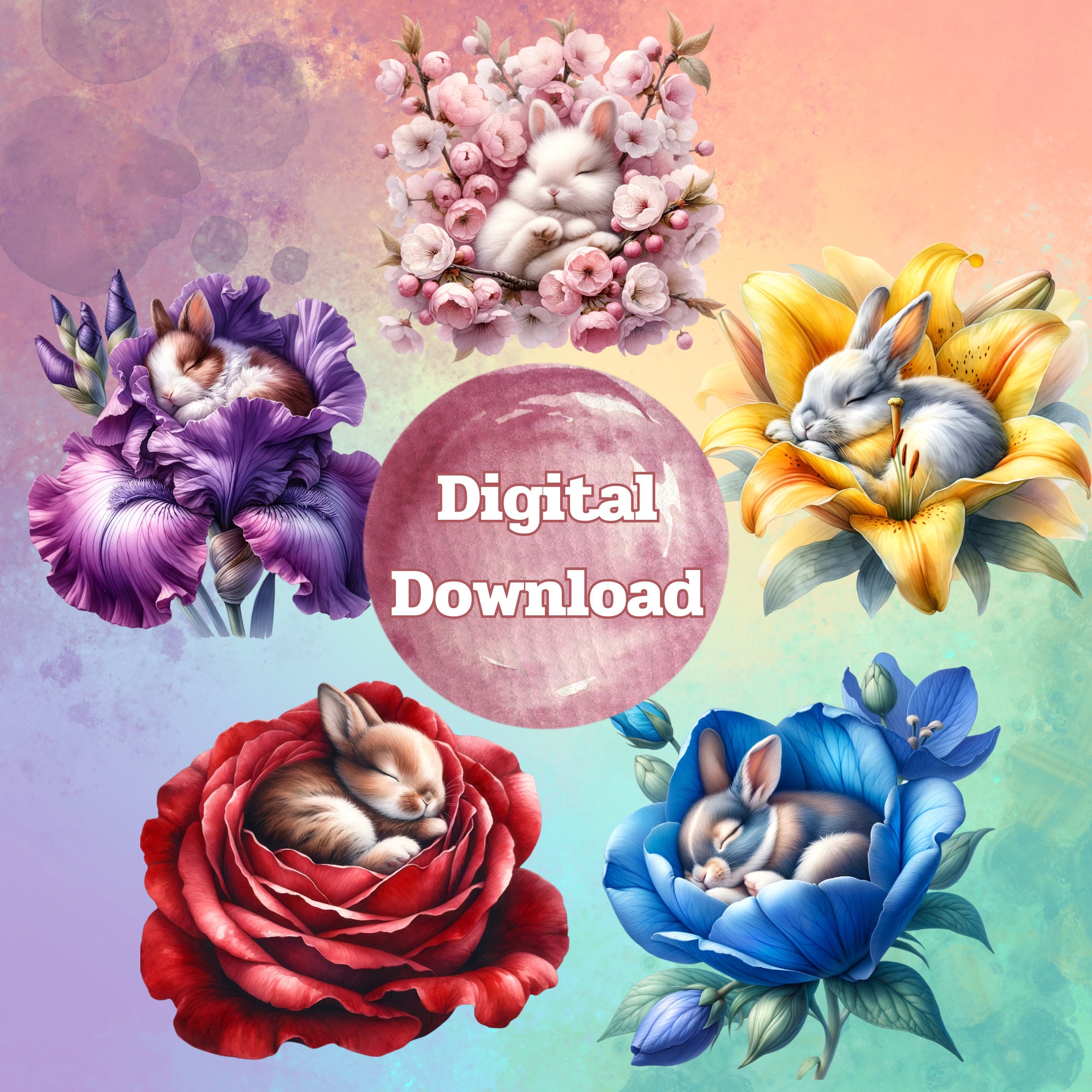 Bunny and Flowers Clipart Bundle, Adorable Bunny in Blossom Clipart ...