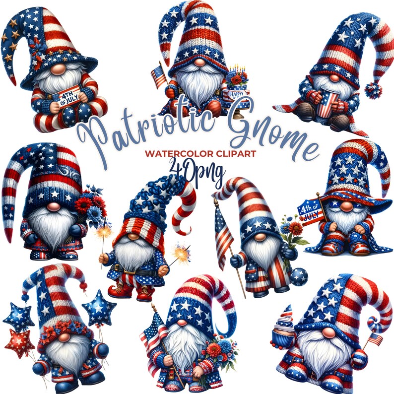 Patriotic Gnome Clipart Bundle. 40 PNG, American Pride, 4th of July PNG ...