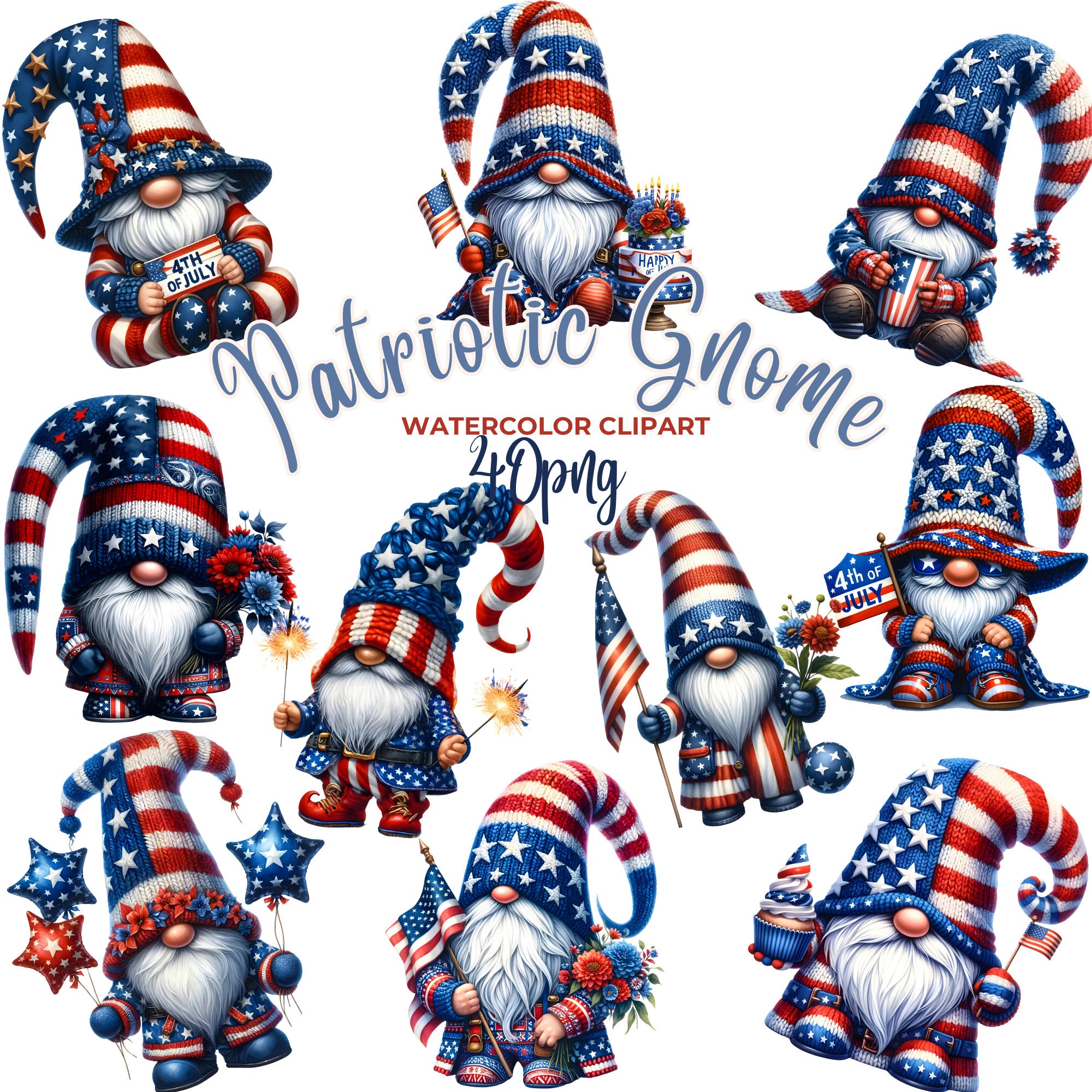 Patriotic Gnome Clipart Bundle. 40 PNG, American Pride, 4th of July PNG ...