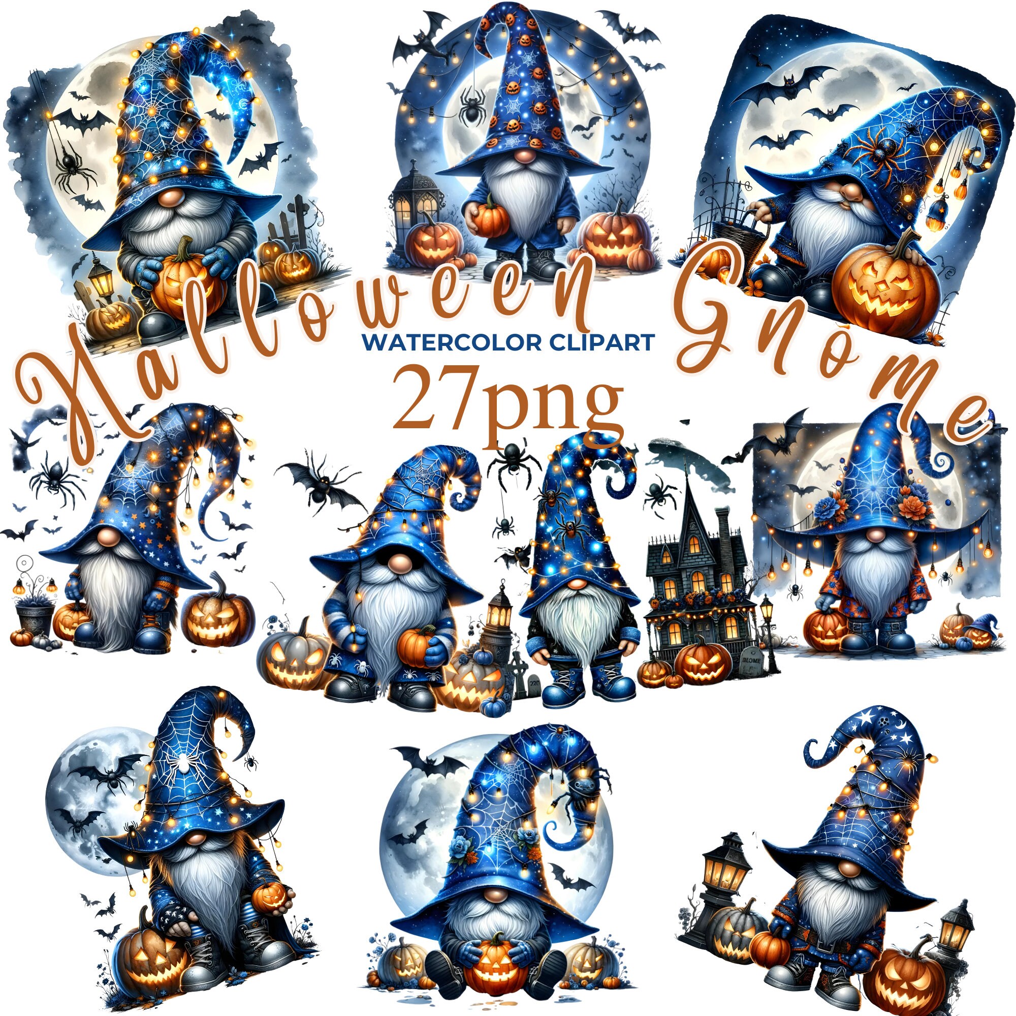 Watercolor Halloween Gnome Clipart, Spooky Blue Gnomes (27 PNG ...