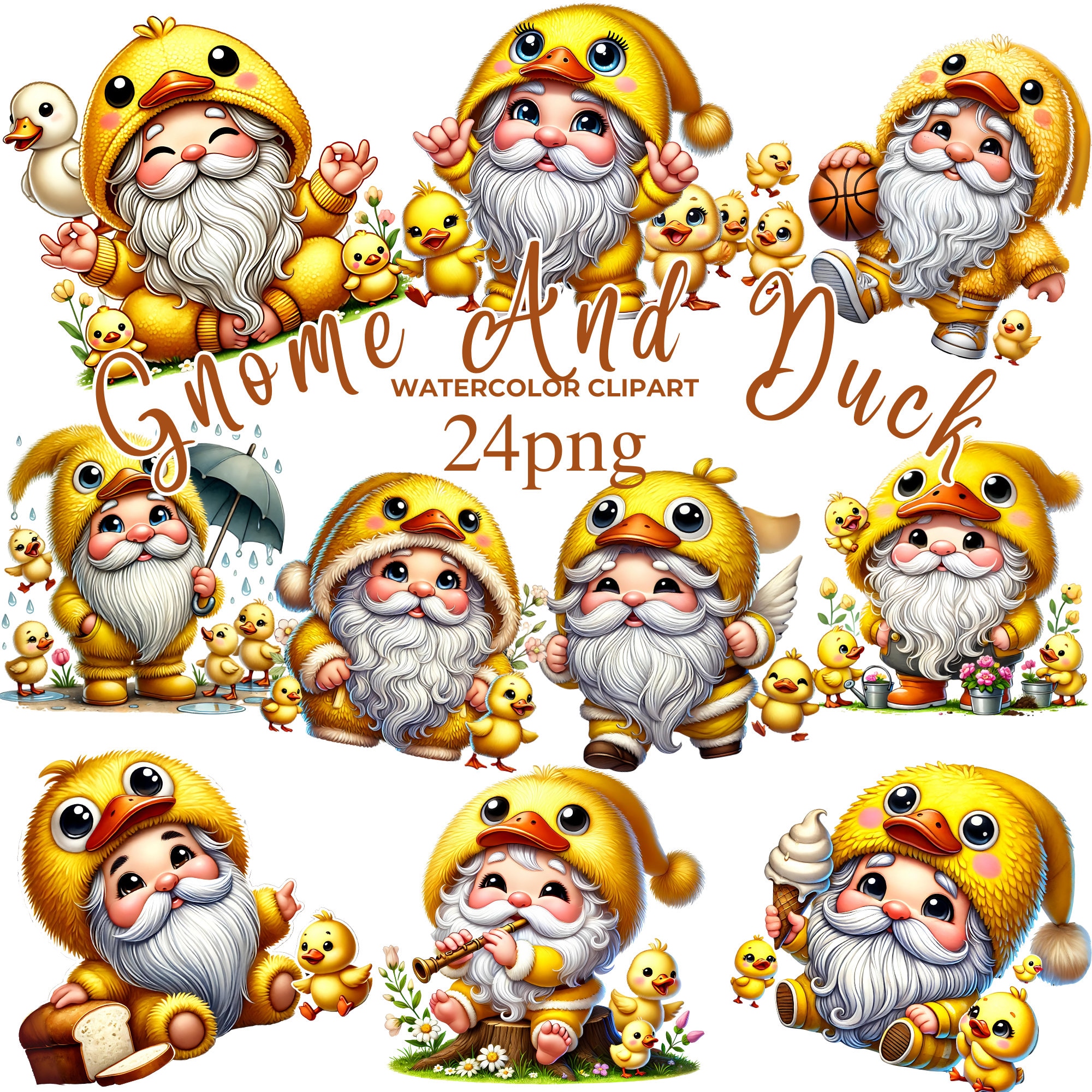 Gnome and Duck Watercolor Clipart Set 24 Pngs, Sublimation PNG Digital ...