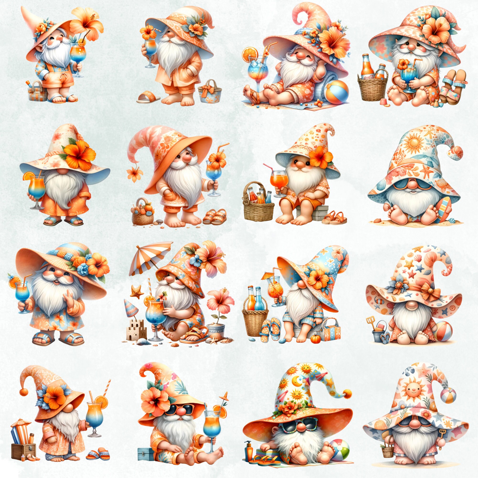 Watercolor Summer Beach Gnome Clipart Bundle Png, 30 Png Bundle ...