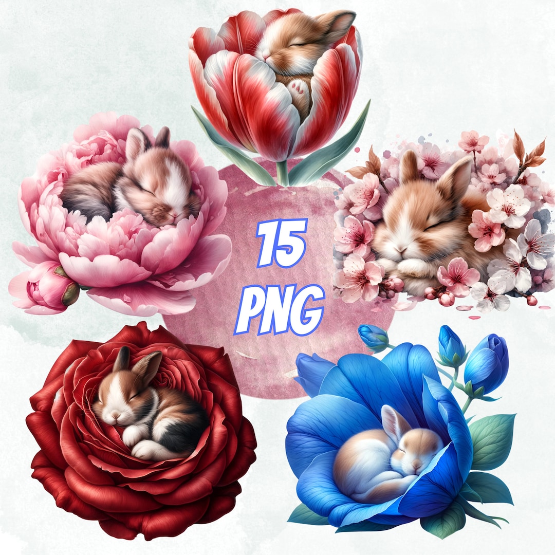 Bunny and Flowers Clipart Bundle, Adorable Bunny in Blossom Clipart ...