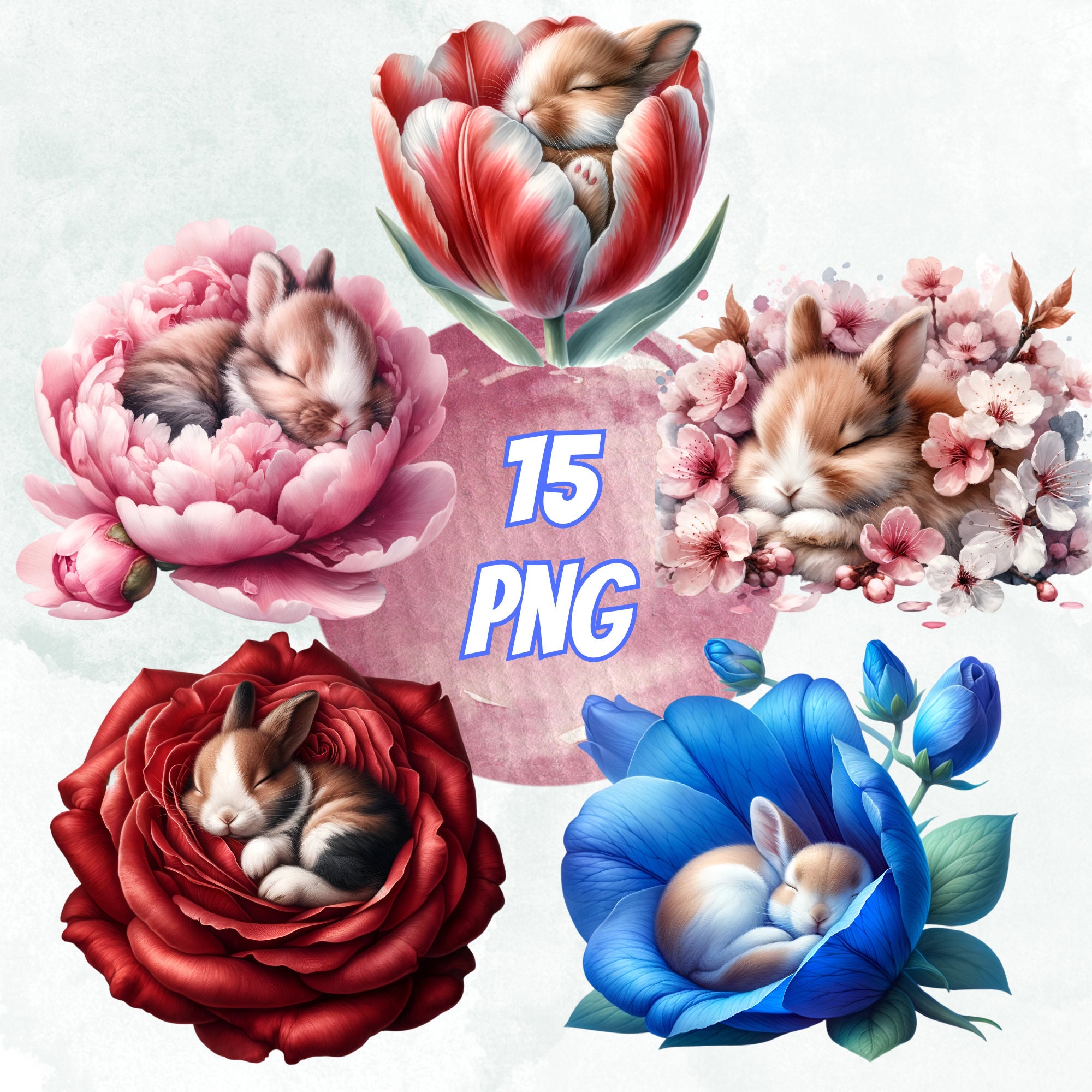 Bunny and Flowers Clipart Bundle, Adorable Bunny in Blossom Clipart ...