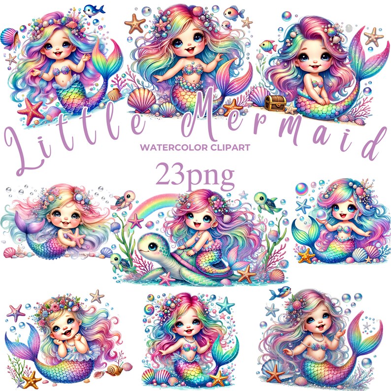 Cute Mermaid Clipart, Whimsical Little Mermaid Clipart, Gnomes Mermaid ...