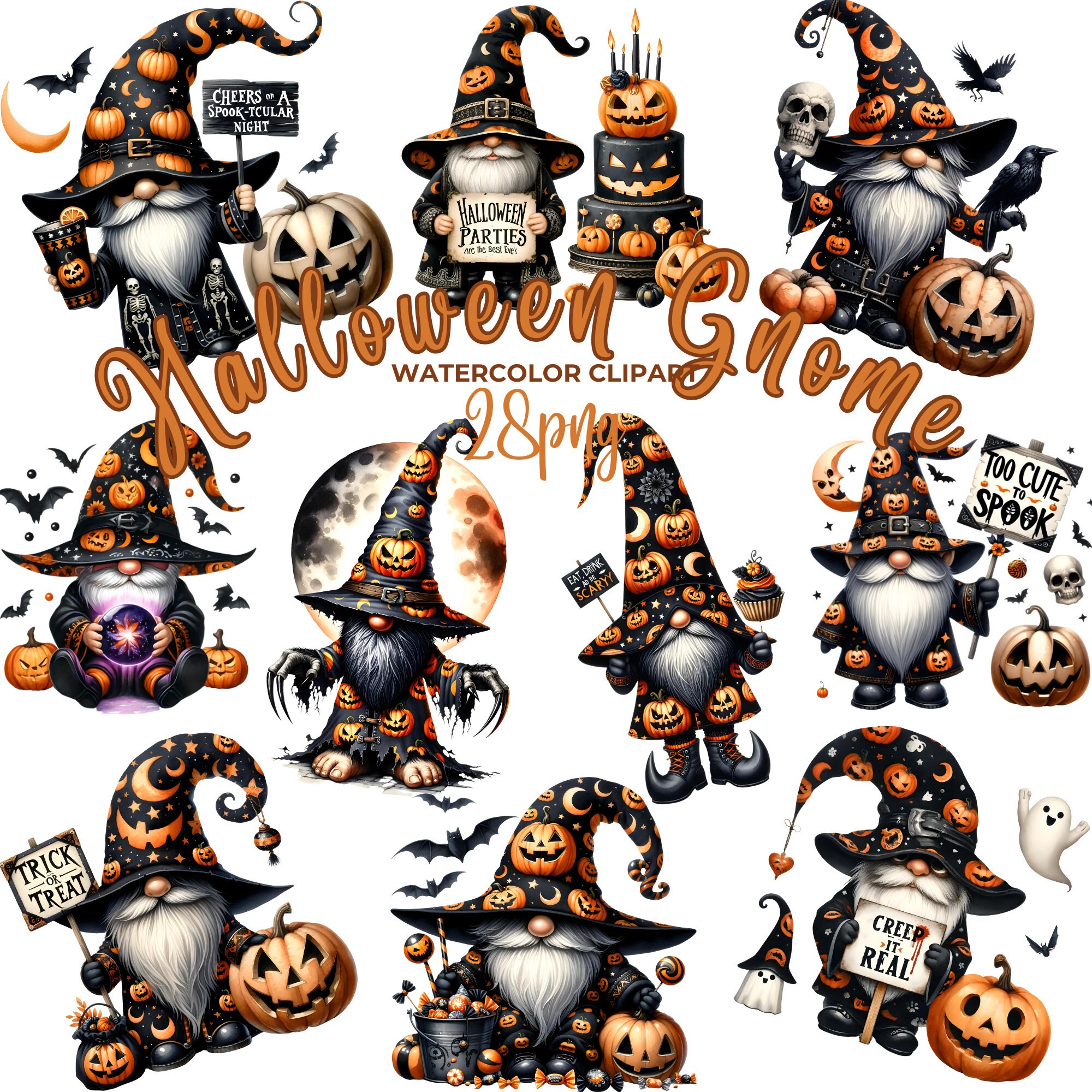 Watercolor Halloween Gnomes Clipart Bundle, Spooky PNG (commercial Use ...
