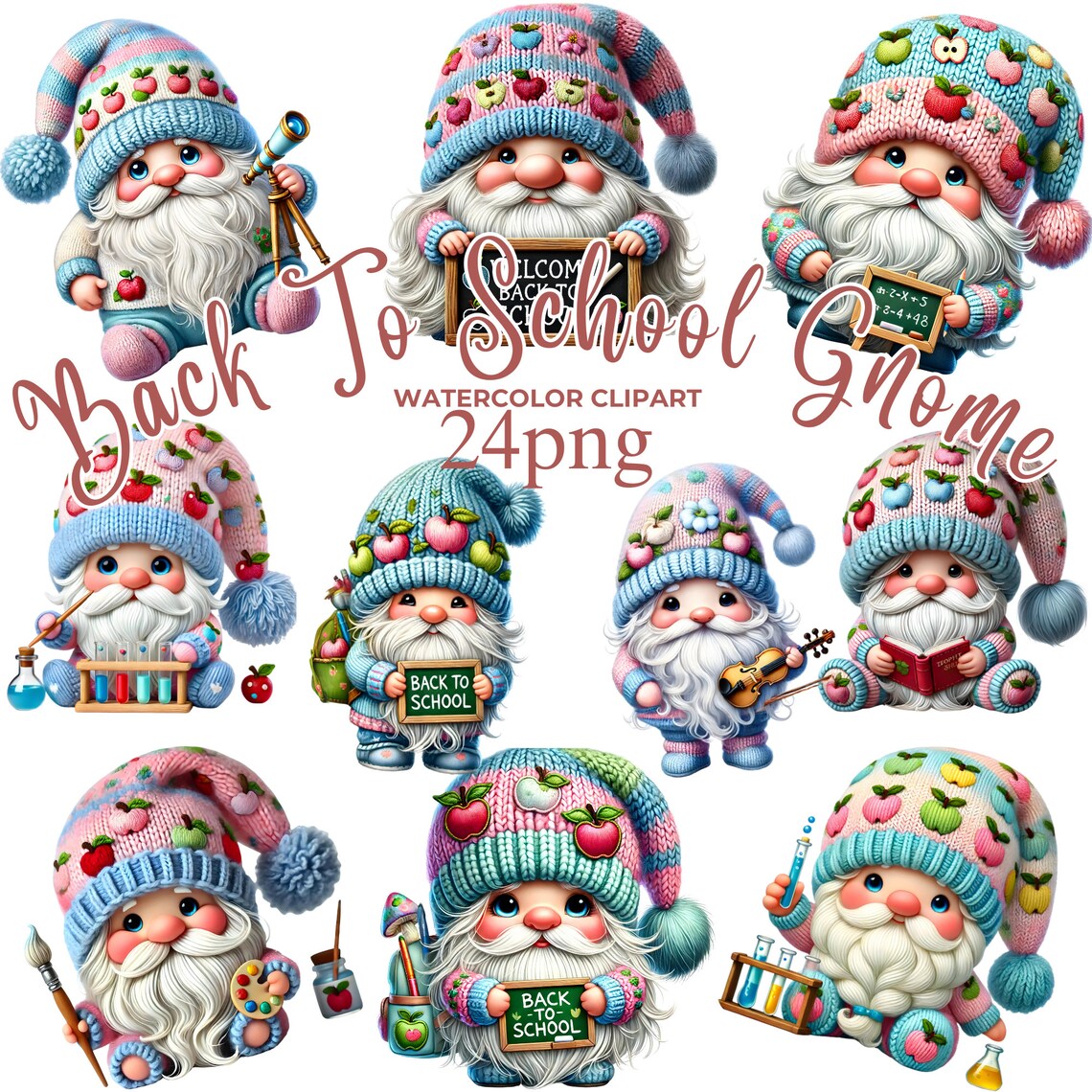 Watercolor Back to School Gnome Clipart Bundle (PNG) - Etsy