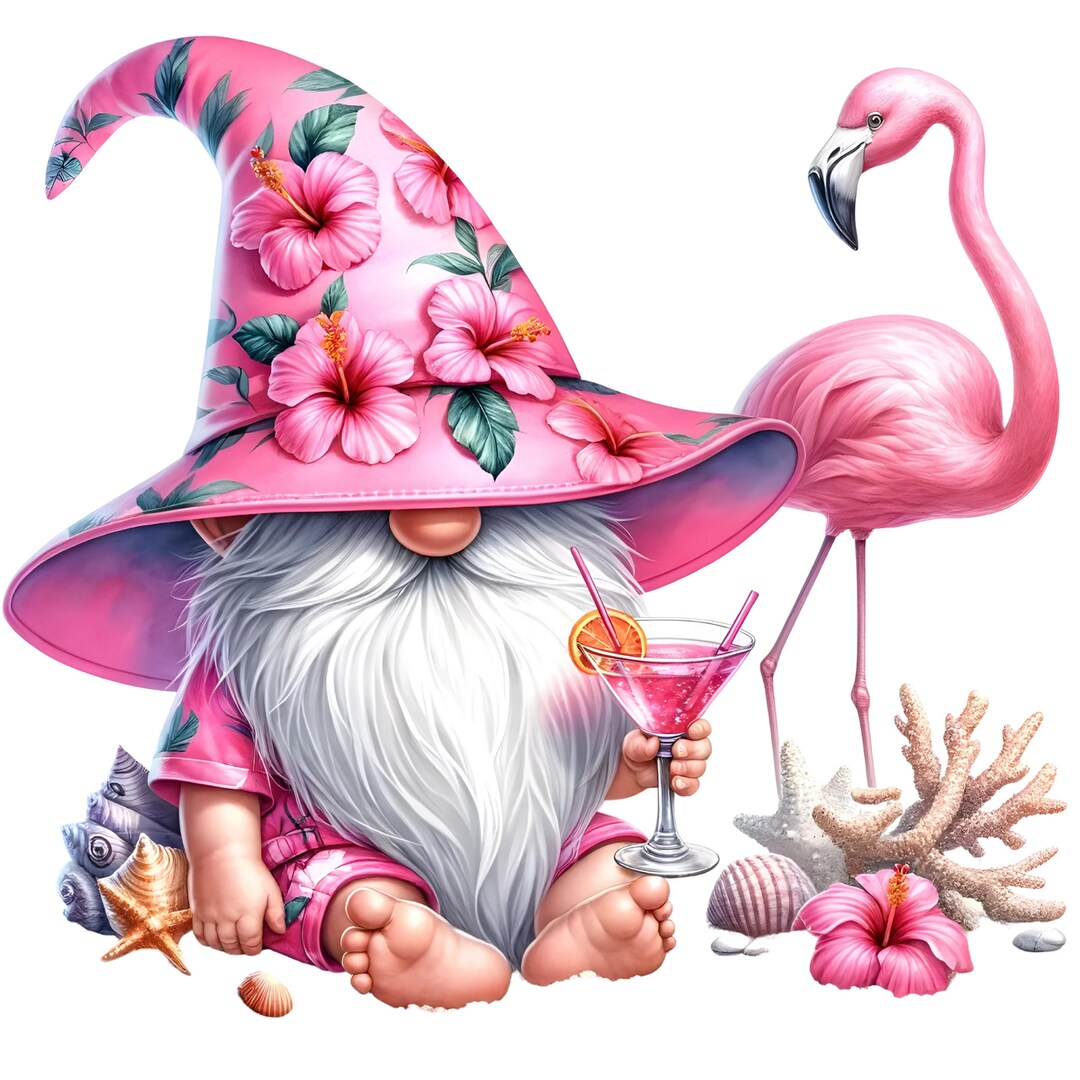 Pink Flamingo Gnome Watercolor Clipart, Tropical PNG Images (digital ...