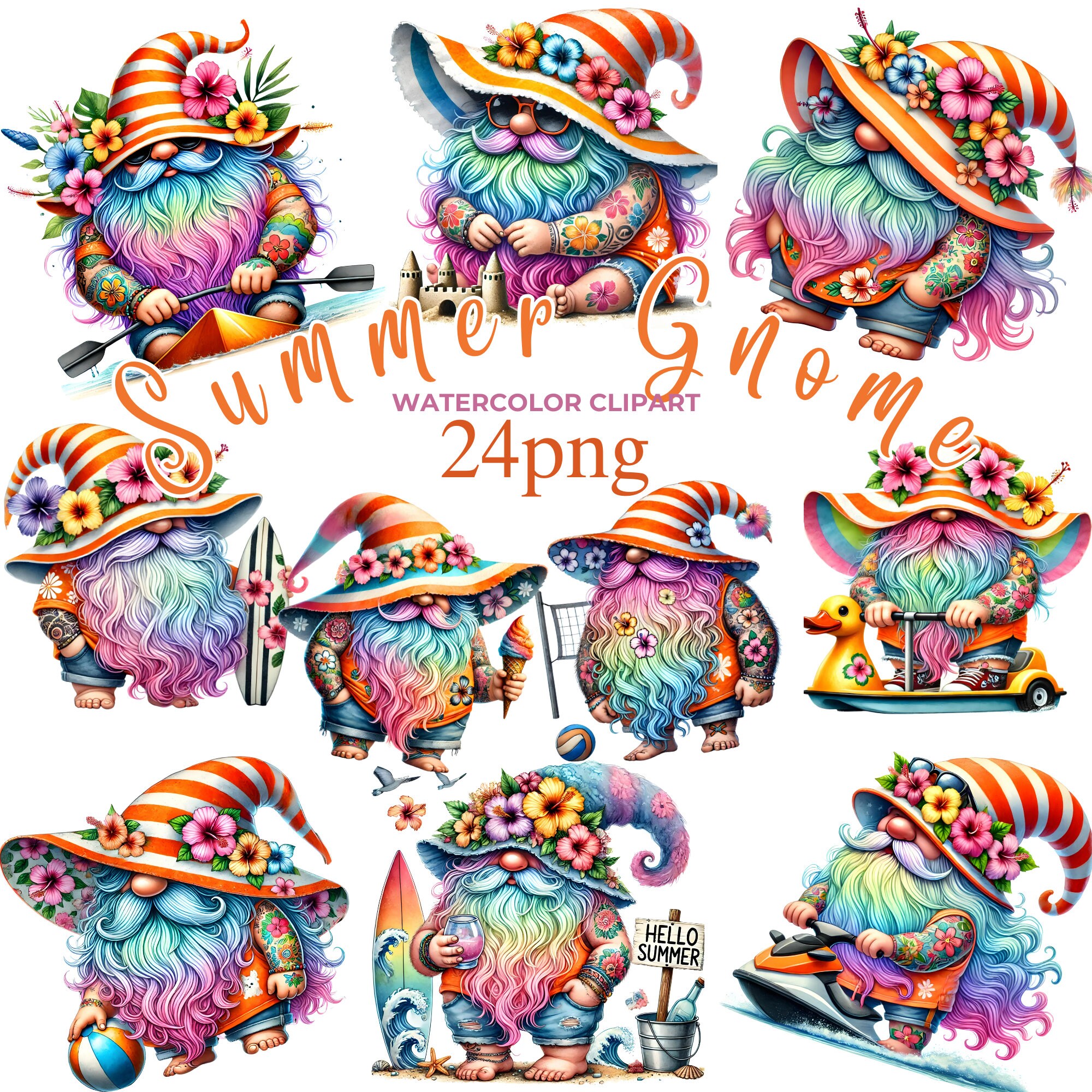 Summer Gnome Watercolor Clipart Bundle 24 Pngs Watercolor Summer Beach ...