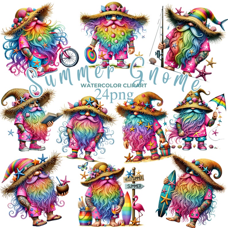 Summer Gnome Watercolor Clipart Bundle 24 Pngs Watercolor Summer Beach ...