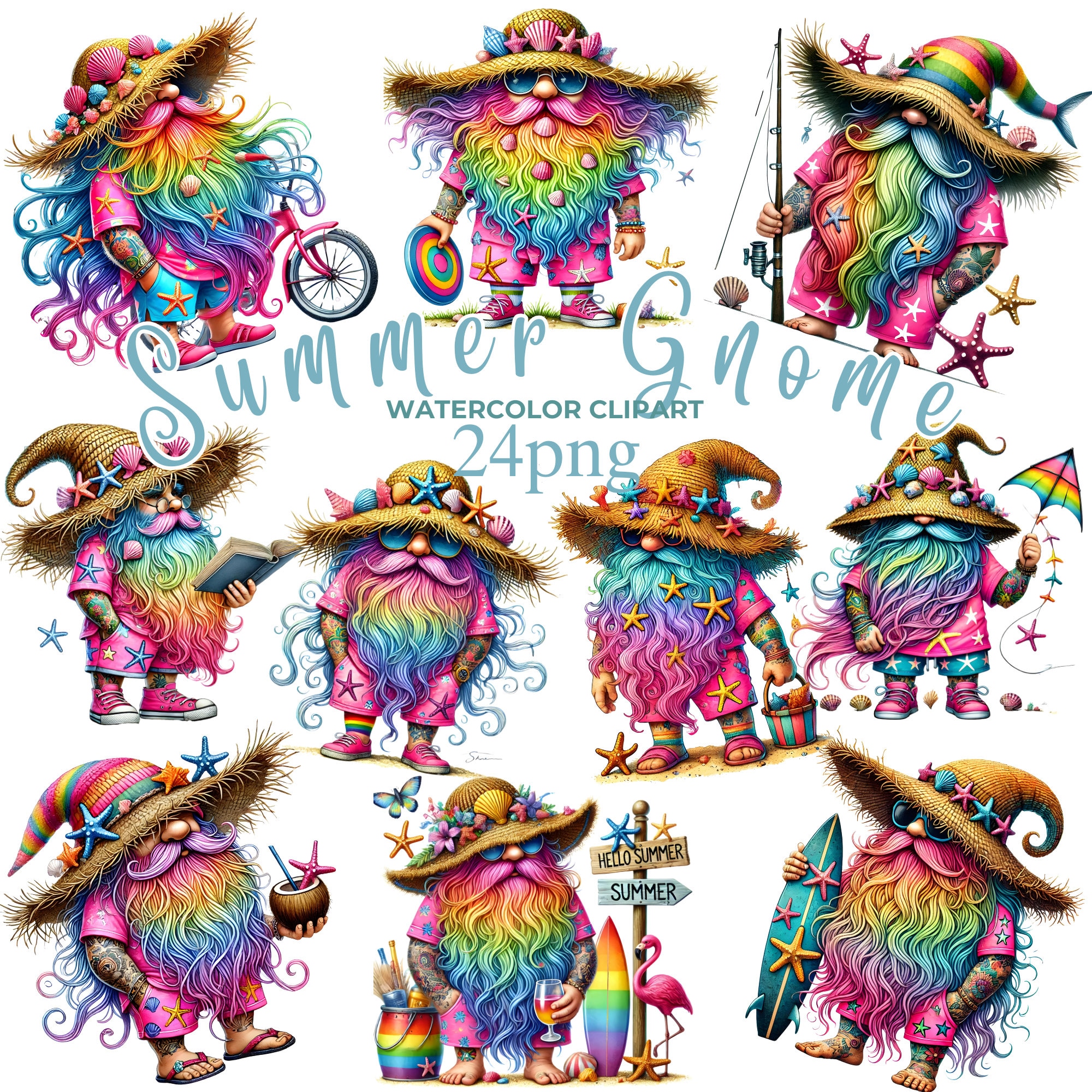 Summer Gnome Watercolor Clipart Bundle 24 Pngs Watercolor Summer Beach ...