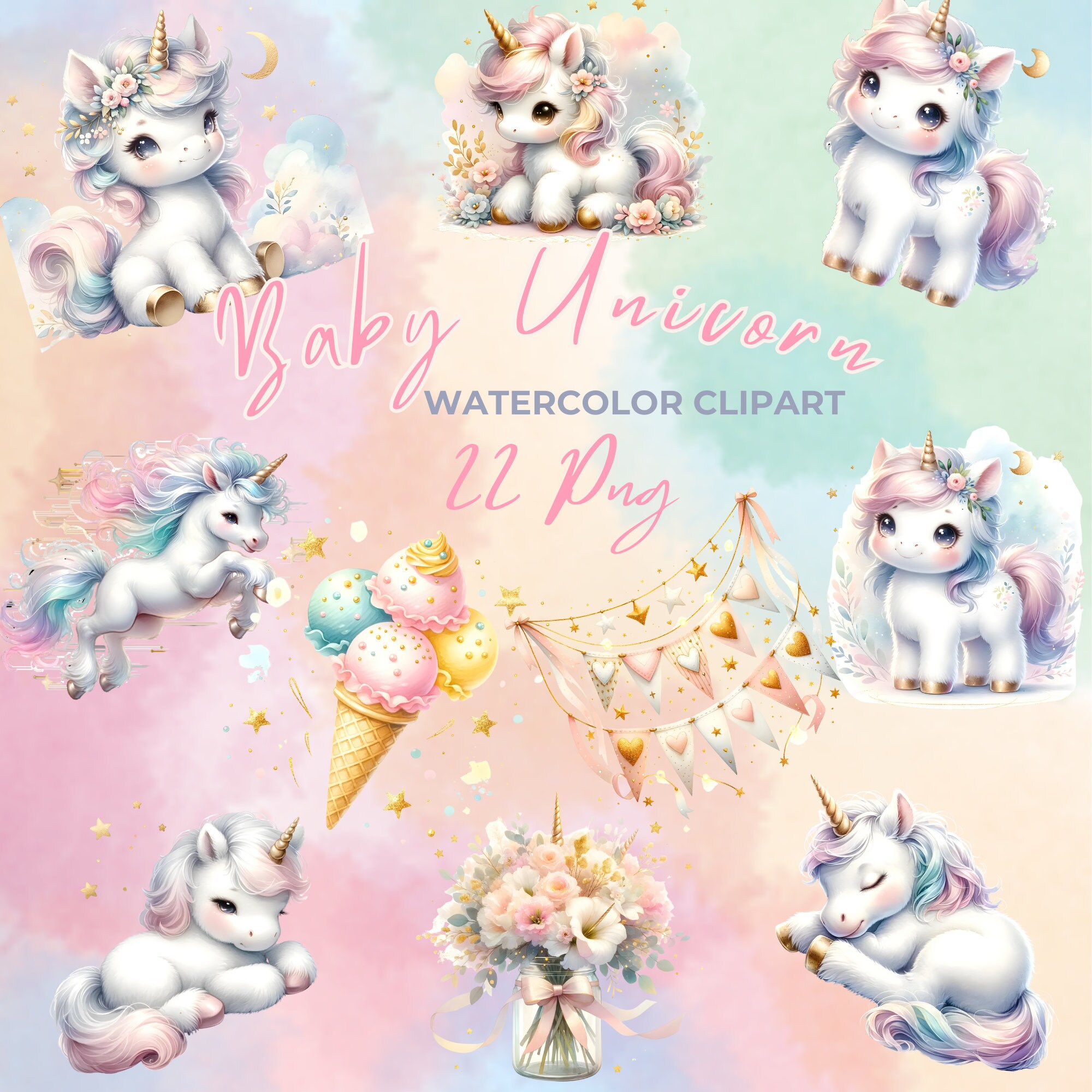 Magical Baby Unicorn Clipart Set, Transparent Background, Digital ...
