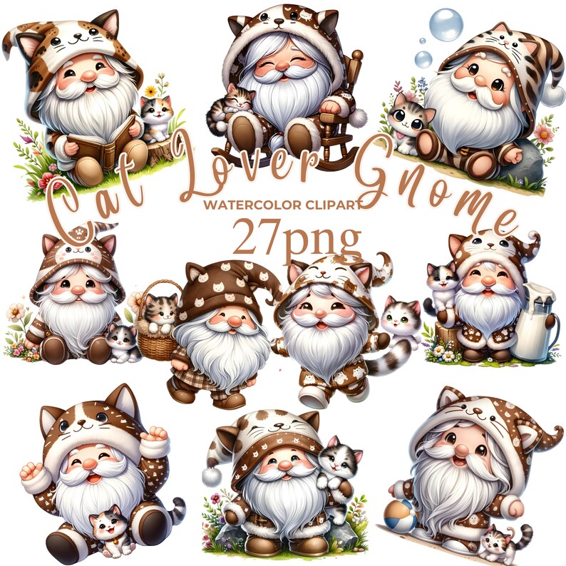Brown Cat Lover Gnome Watercolor Clipart 27 Pngs Digital Download, Cat ...