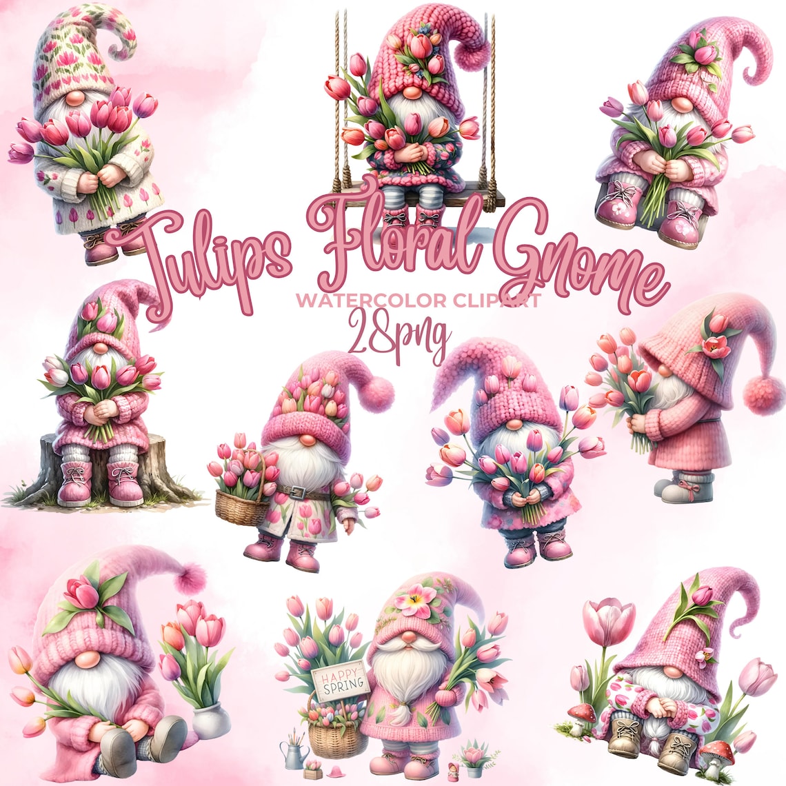 Watercolor Tulips Floral Gnome Clipart 28 PNG Bundle, Garden Gnome ...