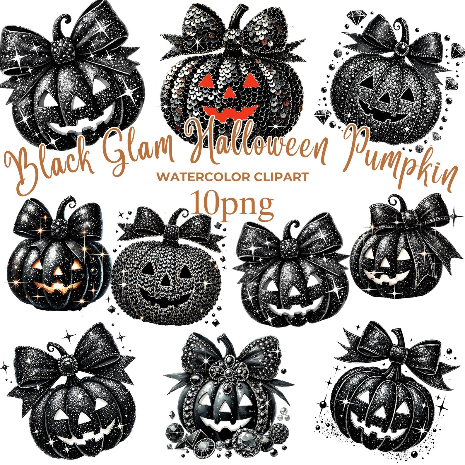 Black Glam Halloween Pumpkin Clipart | Sparkling Gothic Pumpkins With ...