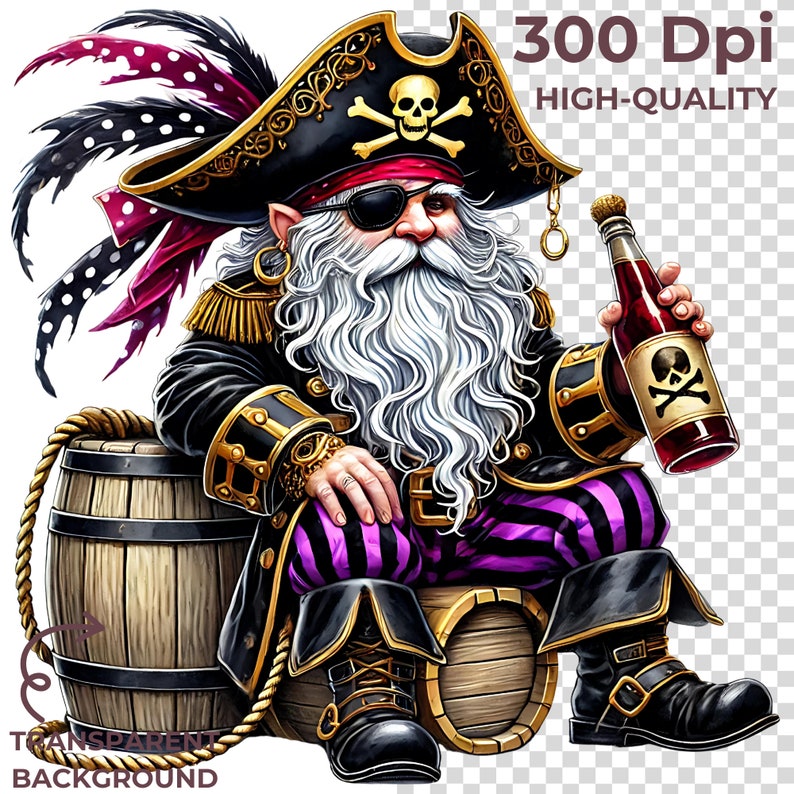 Pirate Captain Gnome Watercolor Clipart – 24 PNG Files (digital ...
