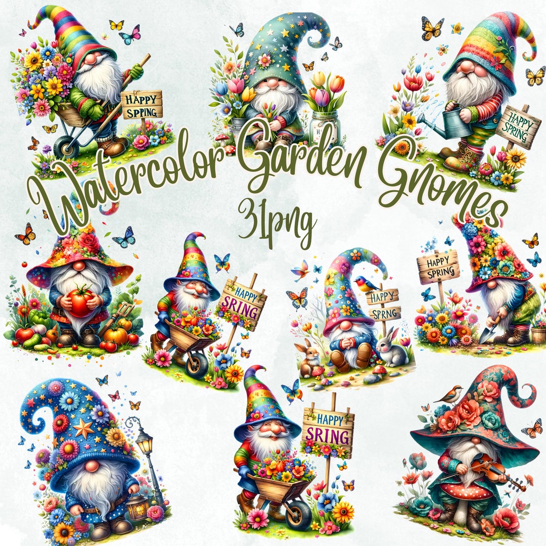Watercolor Garden Gnomes Collection Clipart, 31 PNG Spring Garden ...