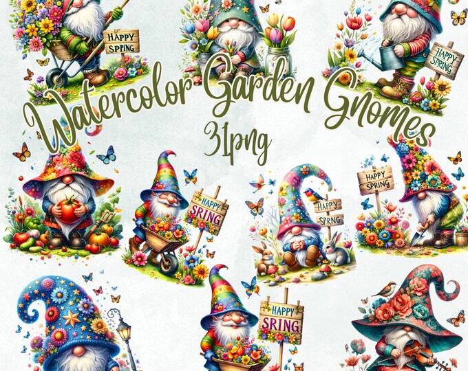 Garden Gnomes Clipart Bundle 12 PNG Watercolor Spring Garden Clipart ...