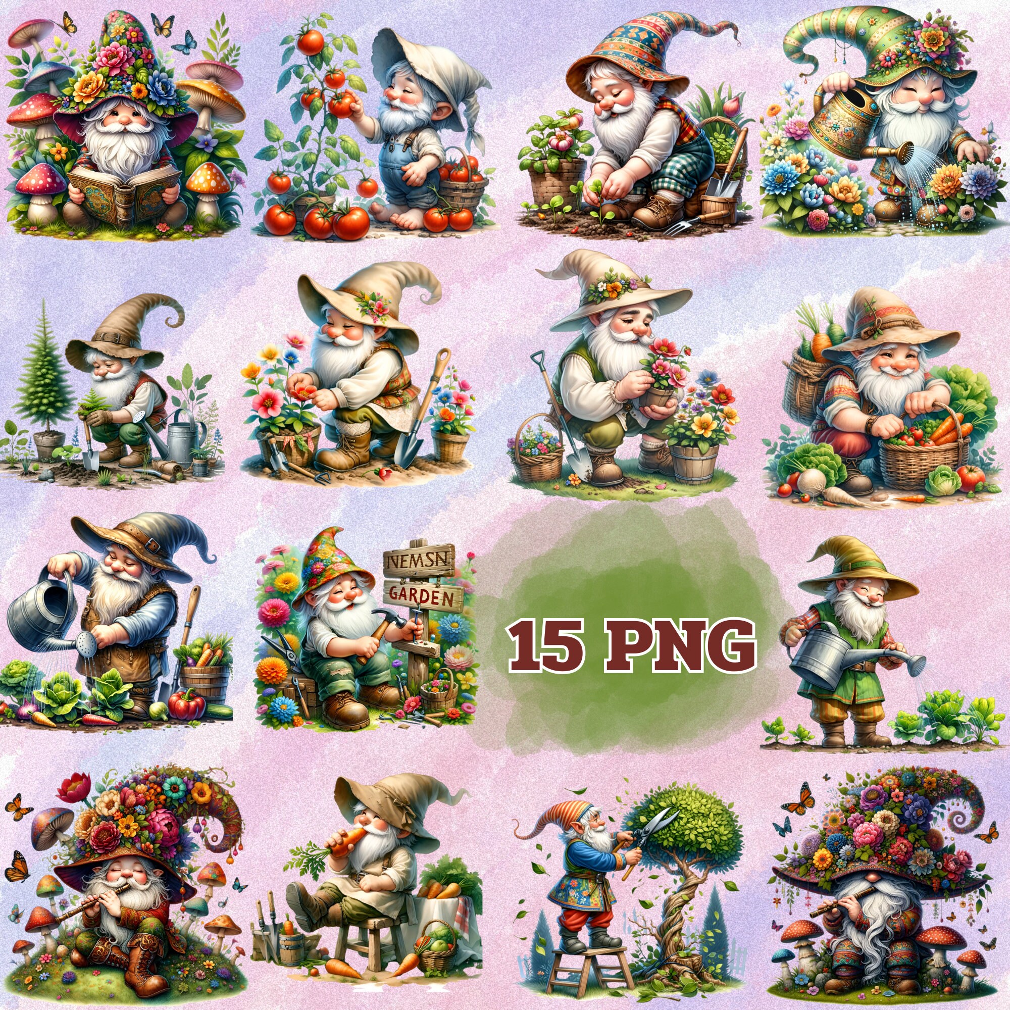 Watercolor Garden Gnomes Fantasy Floral Spring Clip Art Graphics in PNG ...